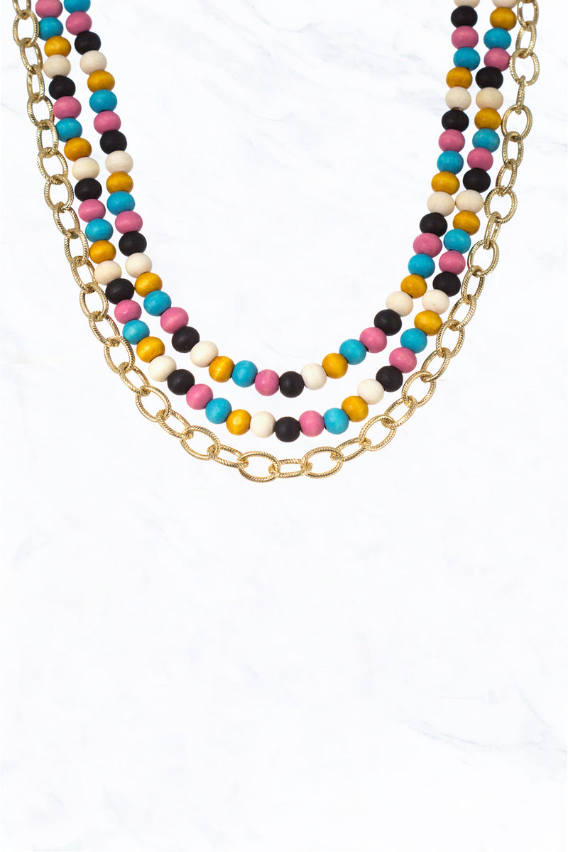 Three Strand Chain with Wood Beads Necklace – Suzie Q USA