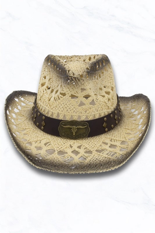 Straw Cowboy Hat with Bull Emblem Belt – Suzie Q USA