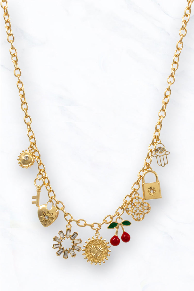 Gold Charm Necklace with Cherry & Key Charms – Suzie Q USA