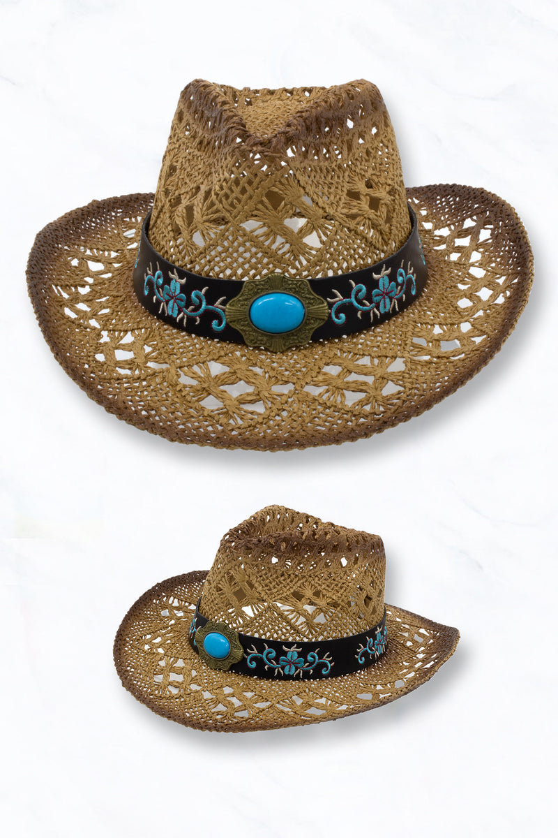 Straw Cowboy Hat with Turquoise Embroidered Belt – Suzie Q USA