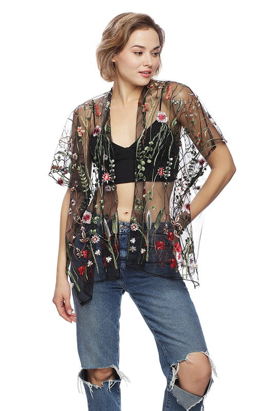 Mesh Kimono With Floral Embroidery – Suzie Q USA