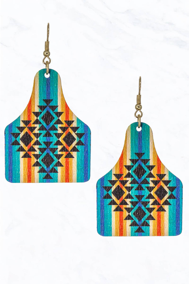 Aztec Pattern, Serape Print, Wooden Cow Tag Earrings – Suzie Q USA